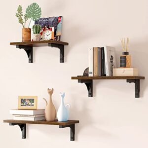 ezfurni floating shelves wood for wall,set of 3 rustic floating shelves for storage,wider shelving wall mounted for kitchen, bedroom, bathroom,brown