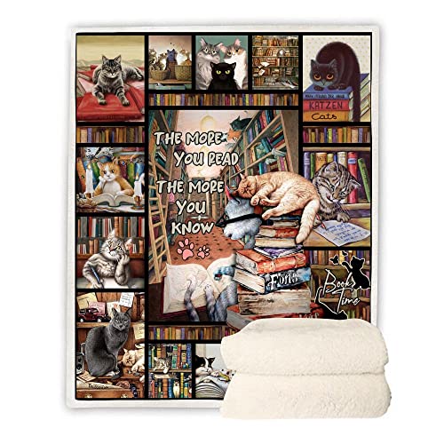 CYREKUD Book Lovers Gifts Throw Blanket,Cat Gifts for Cat Lovers Blanket,Cat Lover Gifts for Women,Gifts for Book Lovers, Soft Cat and Books Blanket for Sofa Couch Beds Decoration Christmas 50x60