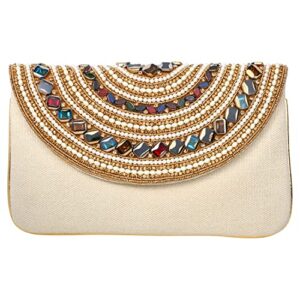 hiraeth official women’s beaded beige gold formal clutch, luxury handmade elegant evening bag