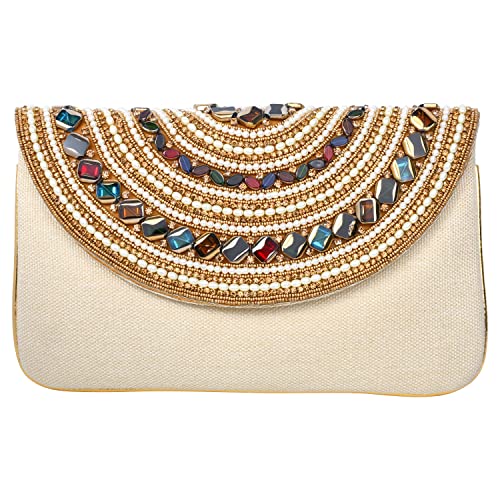 hiraeth official Women's Beaded Beige Gold Formal Clutch, Luxury Handmade Elegant Evening Bag