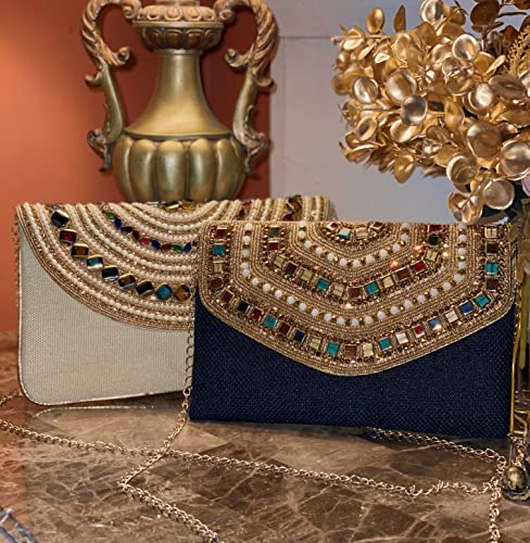 hiraeth official Women's Beaded Beige Gold Formal Clutch, Luxury Handmade Elegant Evening Bag