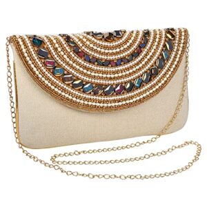 hiraeth official Women's Beaded Beige Gold Formal Clutch, Luxury Handmade Elegant Evening Bag