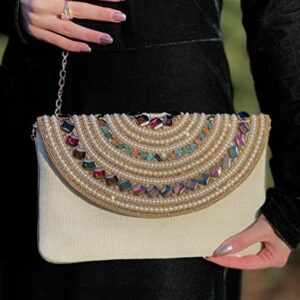 hiraeth official Women's Beaded Beige Gold Formal Clutch, Luxury Handmade Elegant Evening Bag