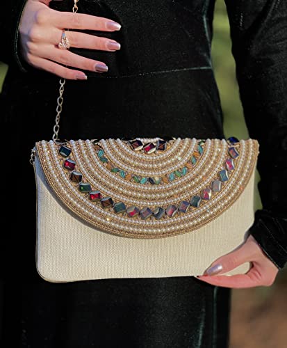 hiraeth official Women's Beaded Beige Gold Formal Clutch, Luxury Handmade Elegant Evening Bag