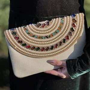 hiraeth official Women's Beaded Beige Gold Formal Clutch, Luxury Handmade Elegant Evening Bag