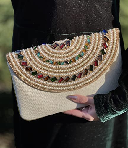 hiraeth official Women's Beaded Beige Gold Formal Clutch, Luxury Handmade Elegant Evening Bag