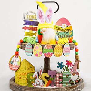 easter tiered tray decor-14pcs easter tiered tray decorations-gnome plush, beads garland, eggs and bunny wood sign decor for home table kitchen mantle