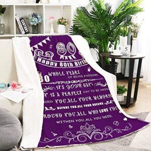 CYREKUD 80th Birthday Gifts for Women Blanket,Happy 80th Birthday Decorations for Women Men Throw Blanket,Grandma Birthday Gifts Purple Blanket for Couch Sofa Bedroom,Women Gifts for Birthday Decor