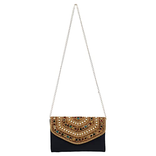 Women's Black and Gold Beaded Envelope Clutch, Luxury Handmade Formal Vintage Evening Bag