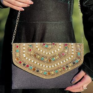 Women's Black and Gold Beaded Envelope Clutch, Luxury Handmade Formal Vintage Evening Bag