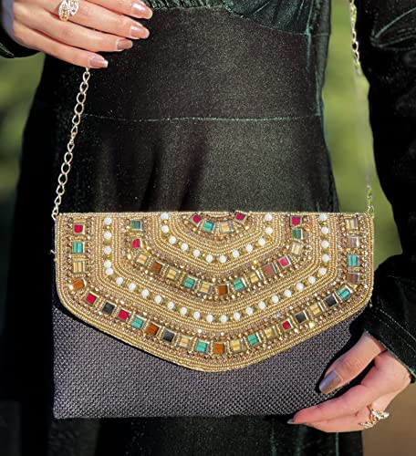 Women's Black and Gold Beaded Envelope Clutch, Luxury Handmade Formal Vintage Evening Bag