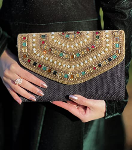 Women's Black and Gold Beaded Envelope Clutch, Luxury Handmade Formal Vintage Evening Bag