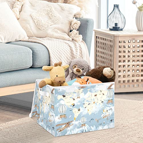 Kigai Storage Basket World Map Storage Boxes with Lids and Handle, Large Storage Cube Bin Collapsible for Shelves Closet Bedroom Living Room, 16.5x12.6x11.8 In