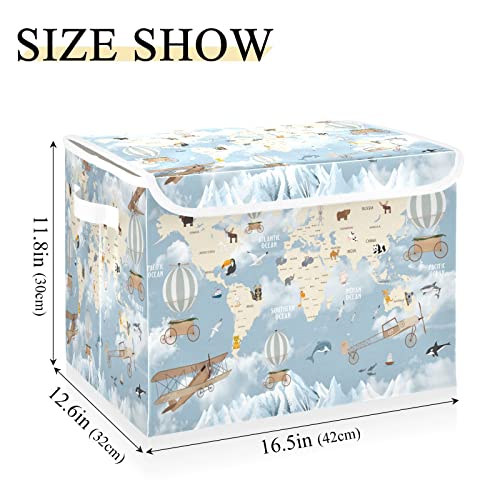 Kigai Storage Basket World Map Storage Boxes with Lids and Handle, Large Storage Cube Bin Collapsible for Shelves Closet Bedroom Living Room, 16.5x12.6x11.8 In