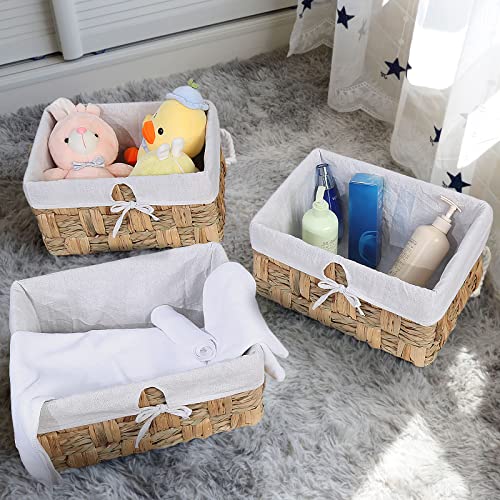 BSTNASI Hand-woven natural water hyacinth storage basket , Lined wicker basket for organizing , Rectangular wicker storage basket for decoration , 14.17 x 10.62 x 7.08 inches Large wicker baskets