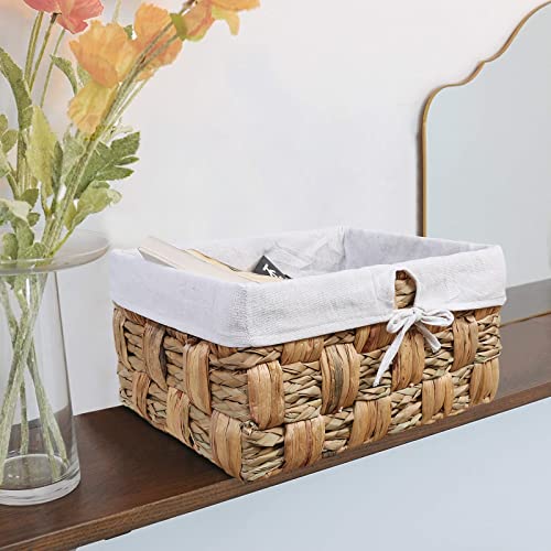 BSTNASI Hand-woven natural water hyacinth storage basket , Lined wicker basket for organizing , Rectangular wicker storage basket for decoration , 14.17 x 10.62 x 7.08 inches Large wicker baskets