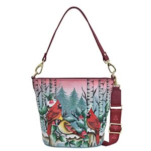 anuschka women’s hand painted genuine leather tall bucket hobo – snowy cardinal