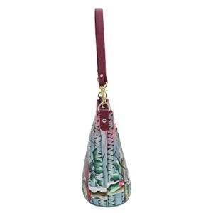 Anuschka Women’s Hand Painted Genuine Leather Tall Bucket Hobo - Snowy Cardinal