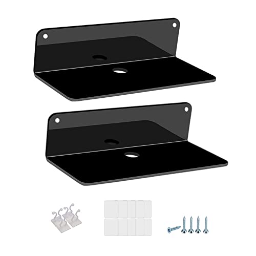 XZJMY 2 Pack Acrylic Shelves Small Acrylic Floating Wall Shelves,Wall Mounted Storage Shelf Small Wall Display Shelf for Bluetooth Speakers/Security Cameras with Cable Clips (2, Black)