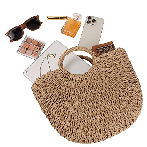 Womens Large Straw Beach Bag Woven Tote Bag Top Handle Handbag Purse for Summer (Brown)