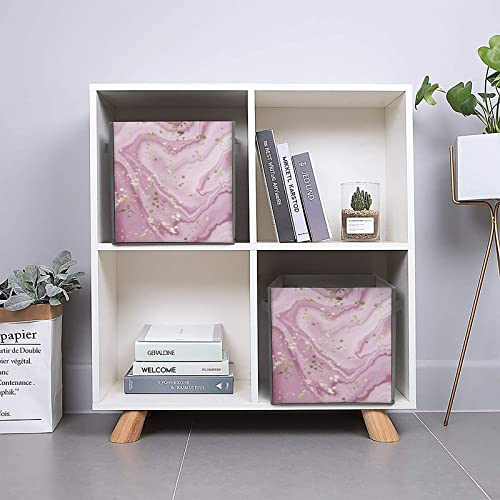 DamTma Rose Glitter Marbling Pattern Collapsible Storage Bins Fabric Storage Cubes with Handles Basket Storage Organizer for Shelves Closet Bedroom Living Room 10.6 in