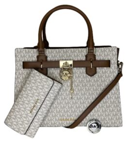 michael michael kors hamilton md satchel bundled with trifold wallet and purse hook (signature mk vanilla/mk vanilla)