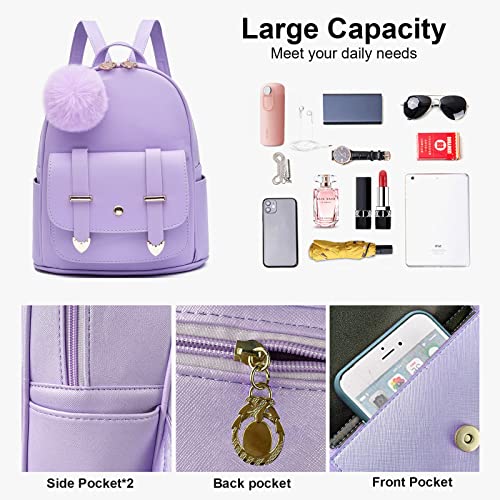 Girls Cute Mini Backpack Purse Fashion School Bags PU Leather Casual Backpack for Teens Women Purple