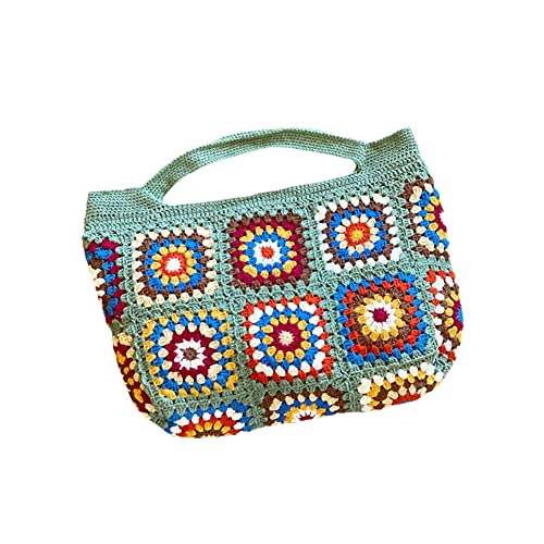 Granny Square Blocking Handmade Crochet Shoulder Tote Bag Vintage Boho Hippie Unique Artistic Handbag Kintting EN8