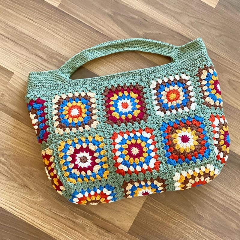 Granny Square Blocking Handmade Crochet Shoulder Tote Bag Vintage Boho Hippie Unique Artistic Handbag Kintting EN8