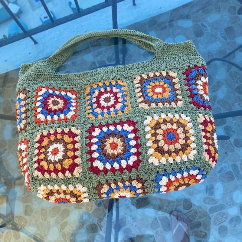 Granny Square Blocking Handmade Crochet Shoulder Tote Bag Vintage Boho Hippie Unique Artistic Handbag Kintting EN8