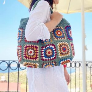 Granny Square Blocking Handmade Crochet Shoulder Tote Bag Vintage Boho Hippie Unique Artistic Handbag Kintting EN8