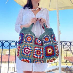 Granny Square Blocking Handmade Crochet Shoulder Tote Bag Vintage Boho Hippie Unique Artistic Handbag Kintting EN8