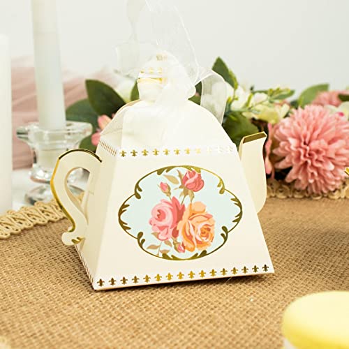 Efavormart 25 Pack | 4" Mini Teapot Favor Boxes Light Ivory Tea Time Gift Box with Ribbon