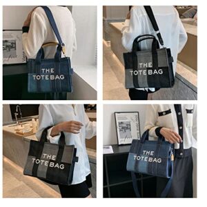 Rysmoclr The Tote Bag for Women Denim Tote Bag with Zipper Women's Traveler Tote Patchwork Design Tote Bag (Black Denim)