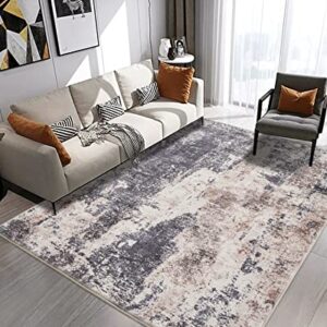 Area Rug Living Room Rugs: 5x7 Large Soft Indoor Carpet Modern Abstract Decor Rug with Non Slip Rubber Backing for Under Dining Table Nursery Home Office Bedroom Gray Brown