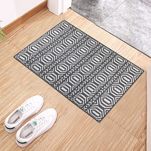 HomeInGoods Boho Area Rug - 2x3 Indian Durrie Small Entryway Rug Inside Doormat Bohemian Pure Cotton Non-Slip Washable Low-Pile Floor Carpet for Indoor Front Entrance Kitchen Bathroom