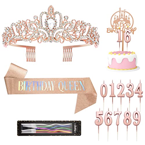 Birthday Crown, Tiaras for Women, Birthday Sash for Women, Birthday Candles, Cake Toppers, Birthday Decorations for Women, Birthday Gifts for Women, Rose Gold Party Decorations