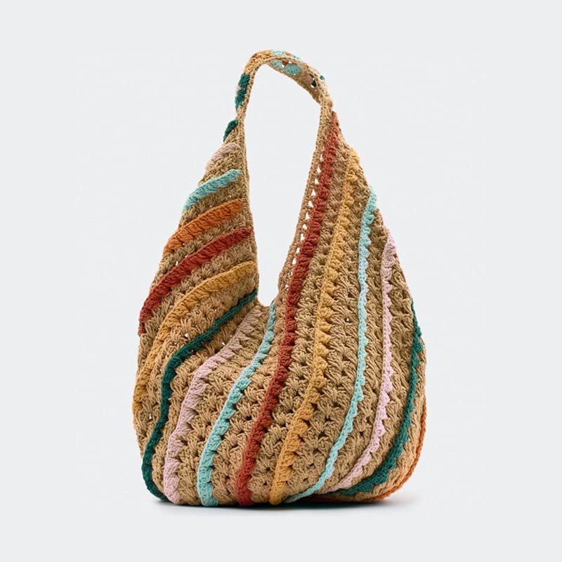 Colorful Striped Crochet Women Shoulder Bags Handmade Knitted Large Tote Bag Woolen Woven Lady Handbags Purse Khaki