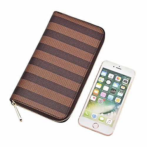 Luxury Large Capacity Zip Around Travel Wallet | Classic Long Phone Clutch | Multi Card Holder Organizer for Men Women - Coated Canvas (Brown Stripe), (MR-ZW08)