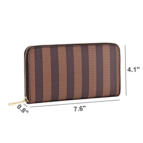 Luxury Large Capacity Zip Around Travel Wallet | Classic Long Phone Clutch | Multi Card Holder Organizer for Men Women - Coated Canvas (Brown Stripe), (MR-ZW08)