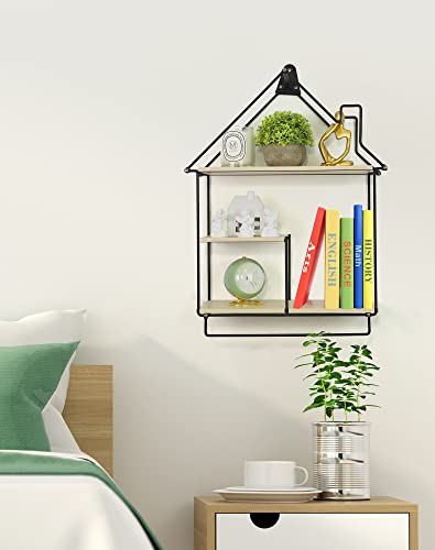 Tikea Floating Shelves, House-Shaped Wall Mounted Shelves for Storage, Modern Farmhouse Hanging Shelf with Metal Frames and Addition Hooks for Living Room Bedroom Bathroom Entryway Decor