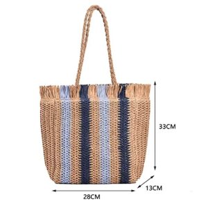 Straw Woven Shoulder Bag Stripes Handmade Summer Beach Top-Handle Handbag Travel Holiday Women Vacation Totes Beige