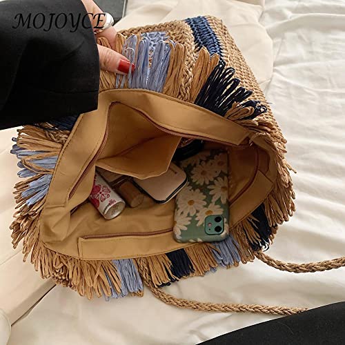 Straw Woven Shoulder Bag Stripes Handmade Summer Beach Top-Handle Handbag Travel Holiday Women Vacation Totes Beige