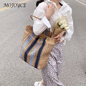 Straw Woven Shoulder Bag Stripes Handmade Summer Beach Top-Handle Handbag Travel Holiday Women Vacation Totes Beige