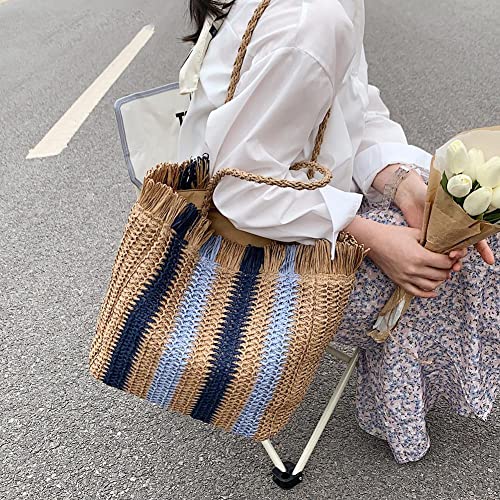 Straw Woven Shoulder Bag Stripes Handmade Summer Beach Top-Handle Handbag Travel Holiday Women Vacation Totes Beige