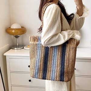 Straw Woven Shoulder Bag Stripes Handmade Summer Beach Top-Handle Handbag Travel Holiday Women Vacation Totes Beige