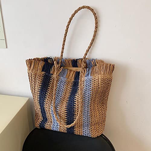 Straw Woven Shoulder Bag Stripes Handmade Summer Beach Top-Handle Handbag Travel Holiday Women Vacation Totes Beige