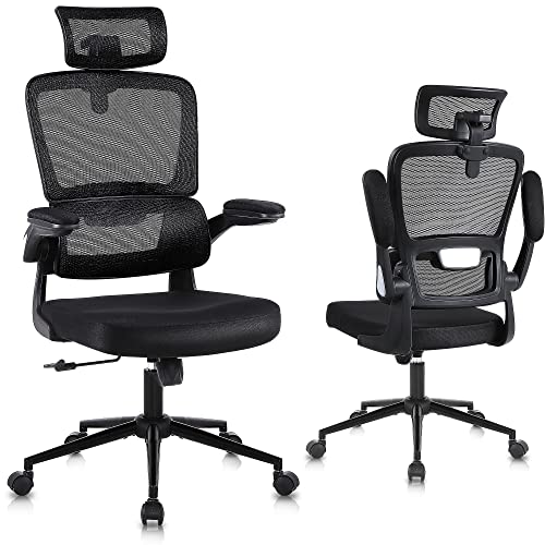 Flysky Ergonomic Office Chair Breathable Mesh Home Office Desk Chair, Comfy Computer Chair with Lumbar Support, Headrest and Flip-up Arms, Executive Chair, Adjustable Height Swivel Task Chair