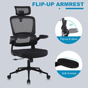 Flysky Ergonomic Office Chair Breathable Mesh Home Office Desk Chair, Comfy Computer Chair with Lumbar Support, Headrest and Flip-up Arms, Executive Chair, Adjustable Height Swivel Task Chair