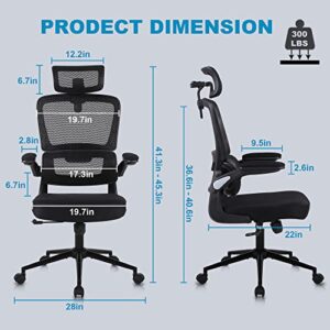 Flysky Ergonomic Office Chair Breathable Mesh Home Office Desk Chair, Comfy Computer Chair with Lumbar Support, Headrest and Flip-up Arms, Executive Chair, Adjustable Height Swivel Task Chair